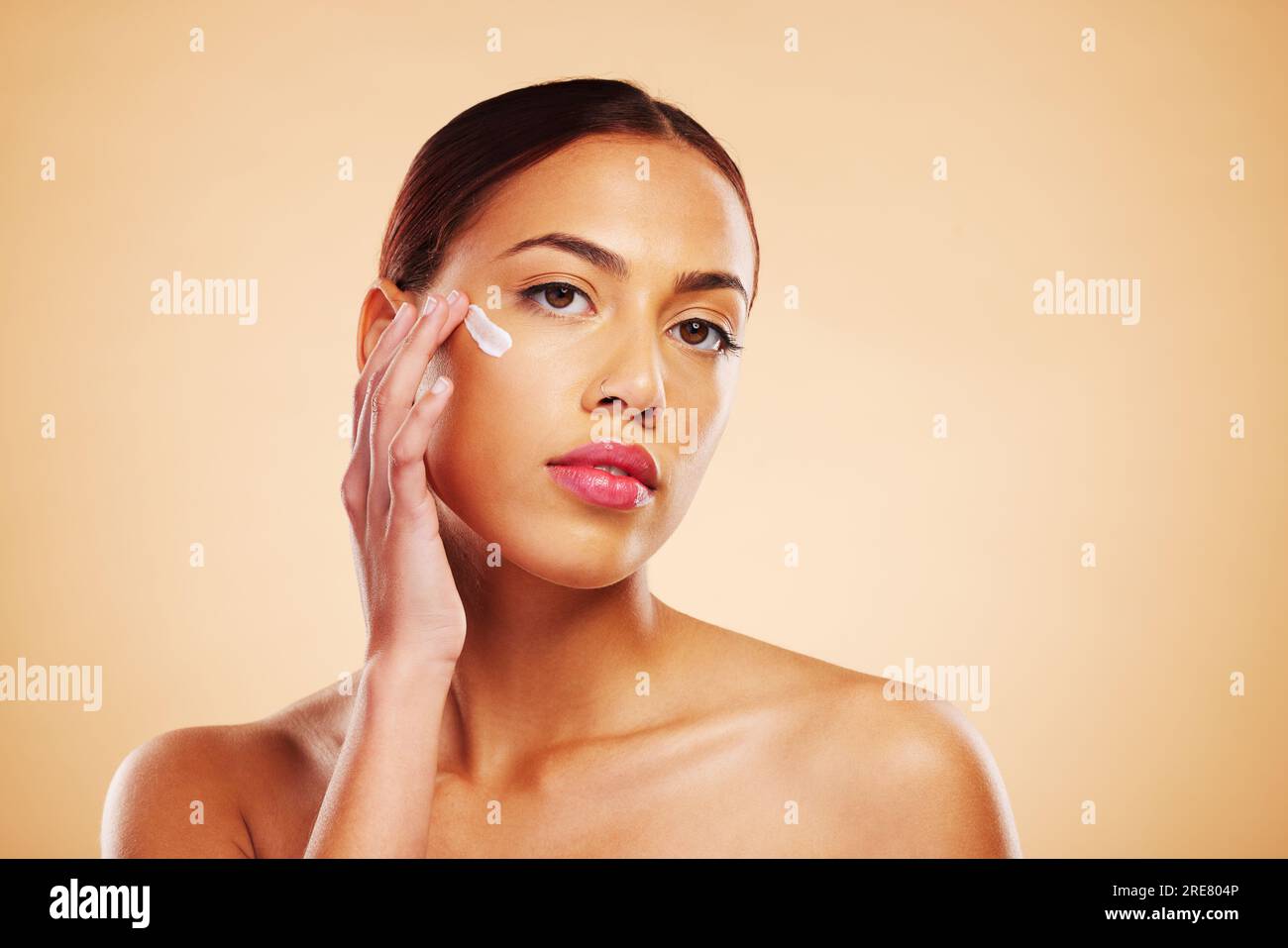 Skincare, portrait or woman with face cream or sunscreen product in ...