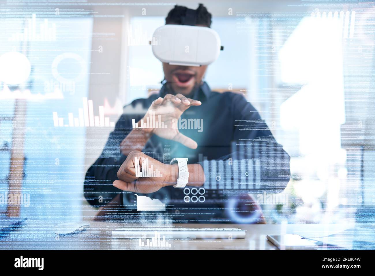 Futuristic VR, wow or business man surprise with stock market analytics ...
