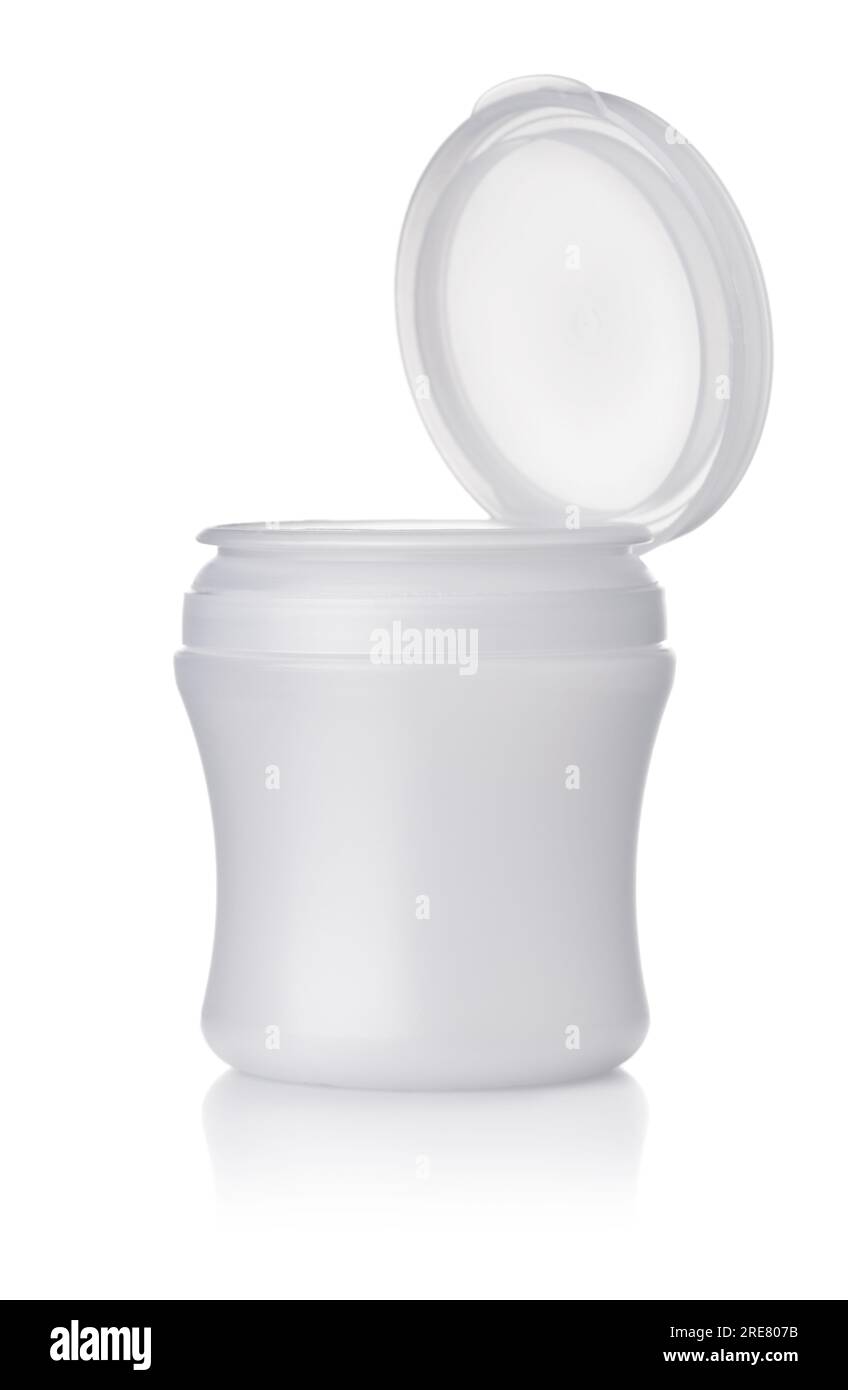 Front view of open empty blank round plastic jar isolated on white ...