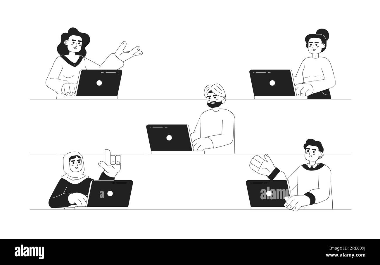 Multicultural People Working On Laptop Monochromatic Flat Vector