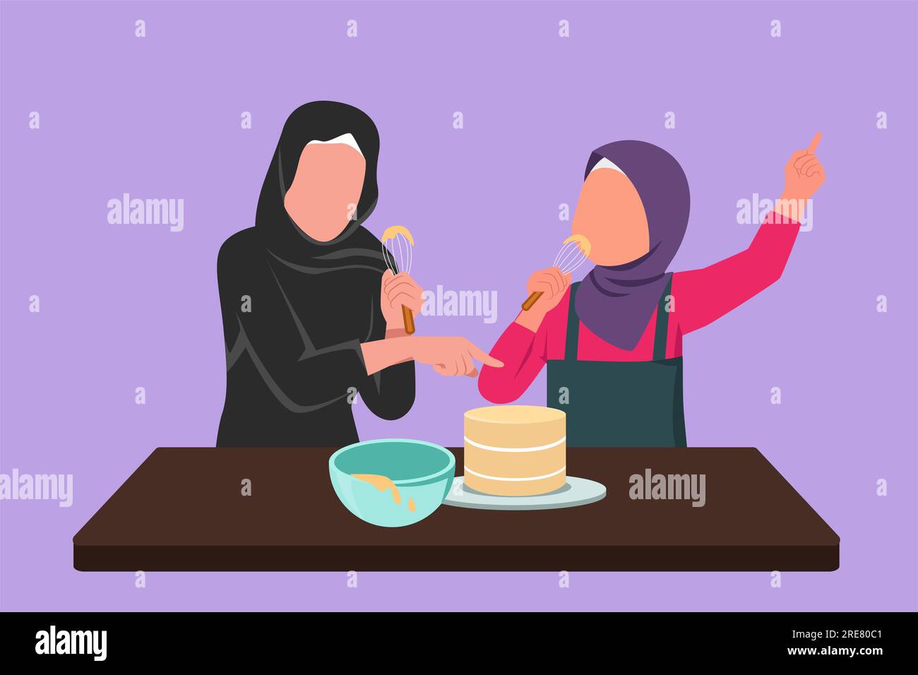 Cartoon flat style drawing cheerful Arab mom and daughter singing while ...