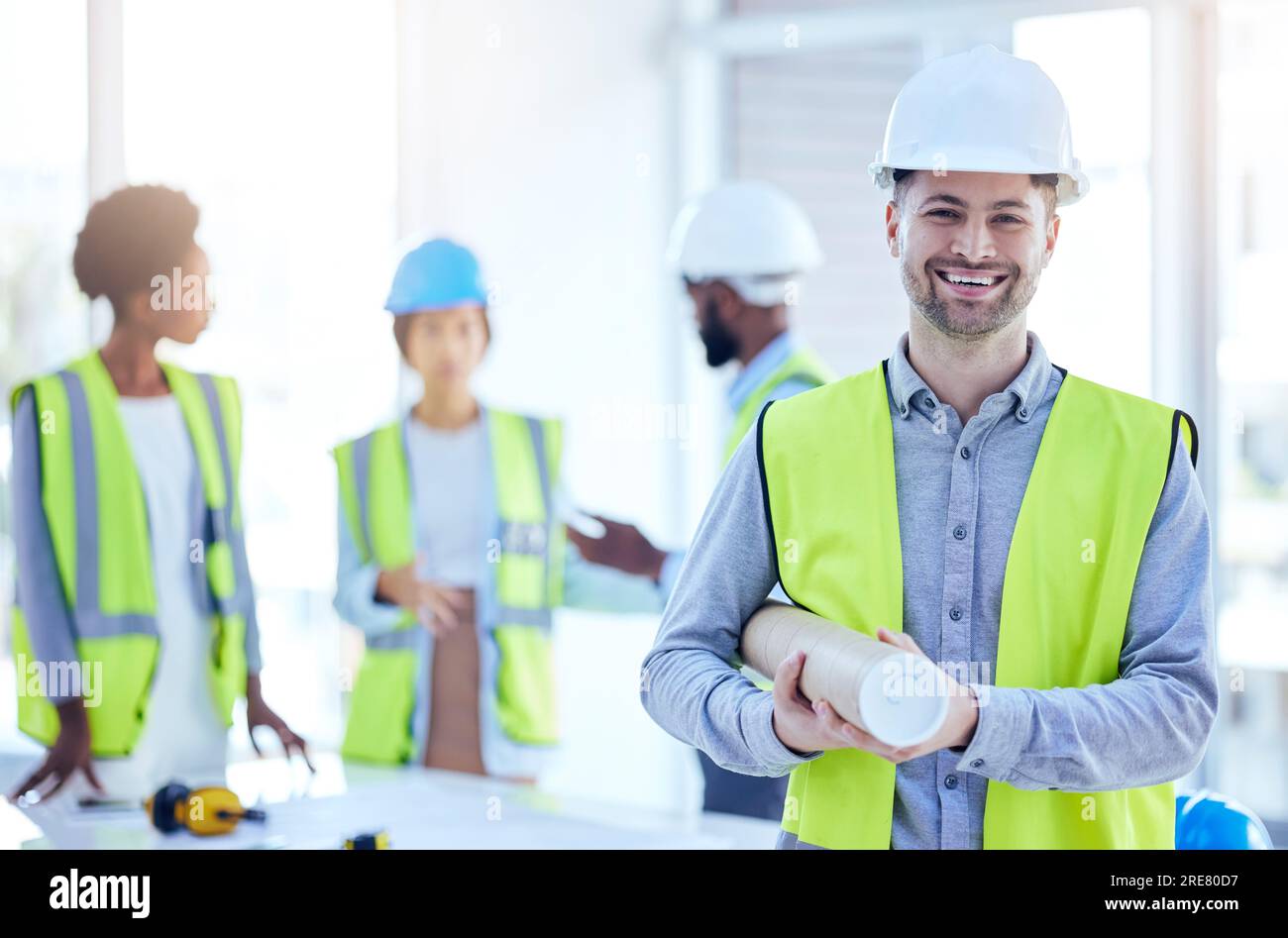 Construction worker, man portrait and blueprint of engineer, builder or ...