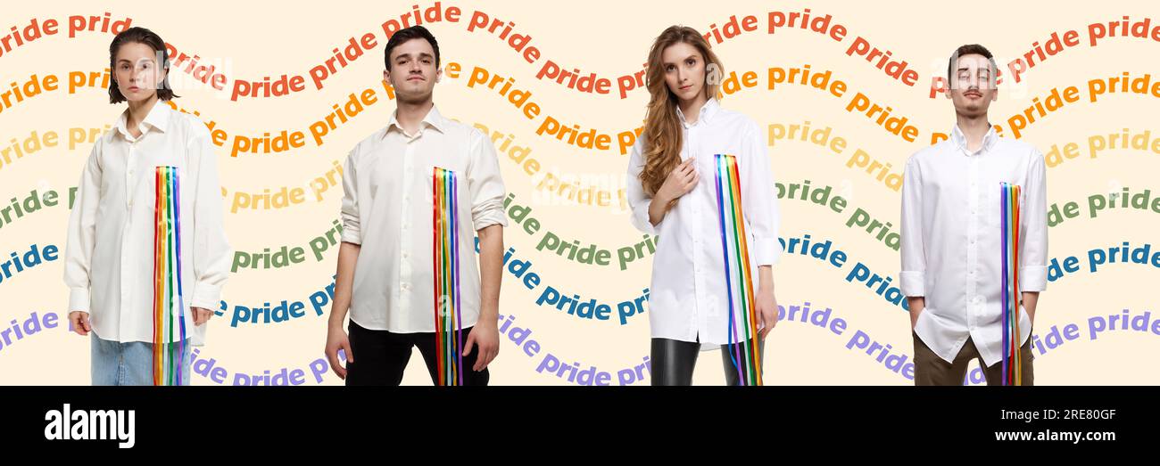 Young people, men and women standing in white shirts with rainbow ...