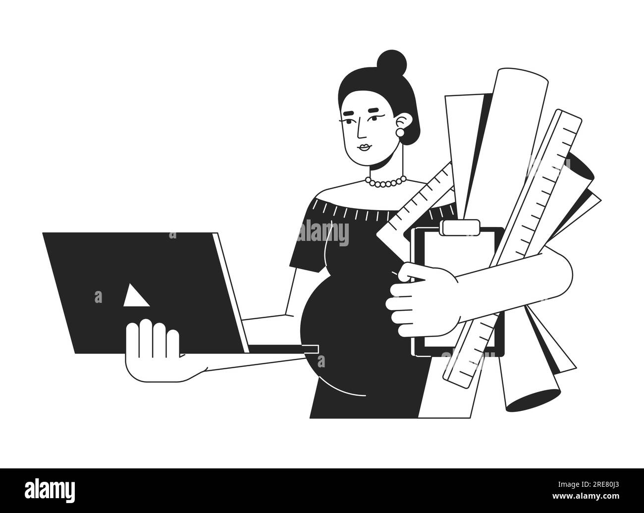 Woman with laptop, rulers, drawings bw concept vector spot illustration ...
