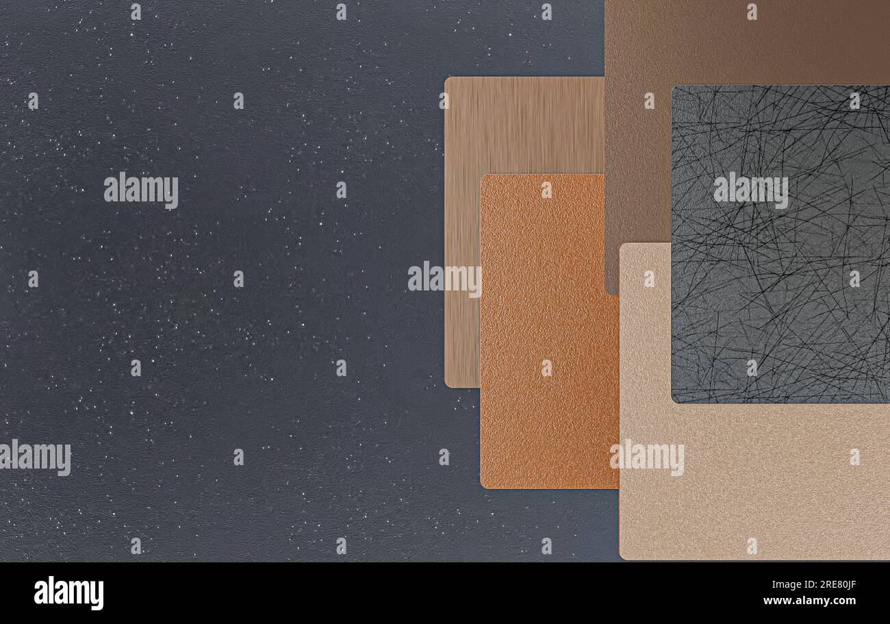 Metal samples on floor, metalic surfaces, top view Stock Photo - Alamy