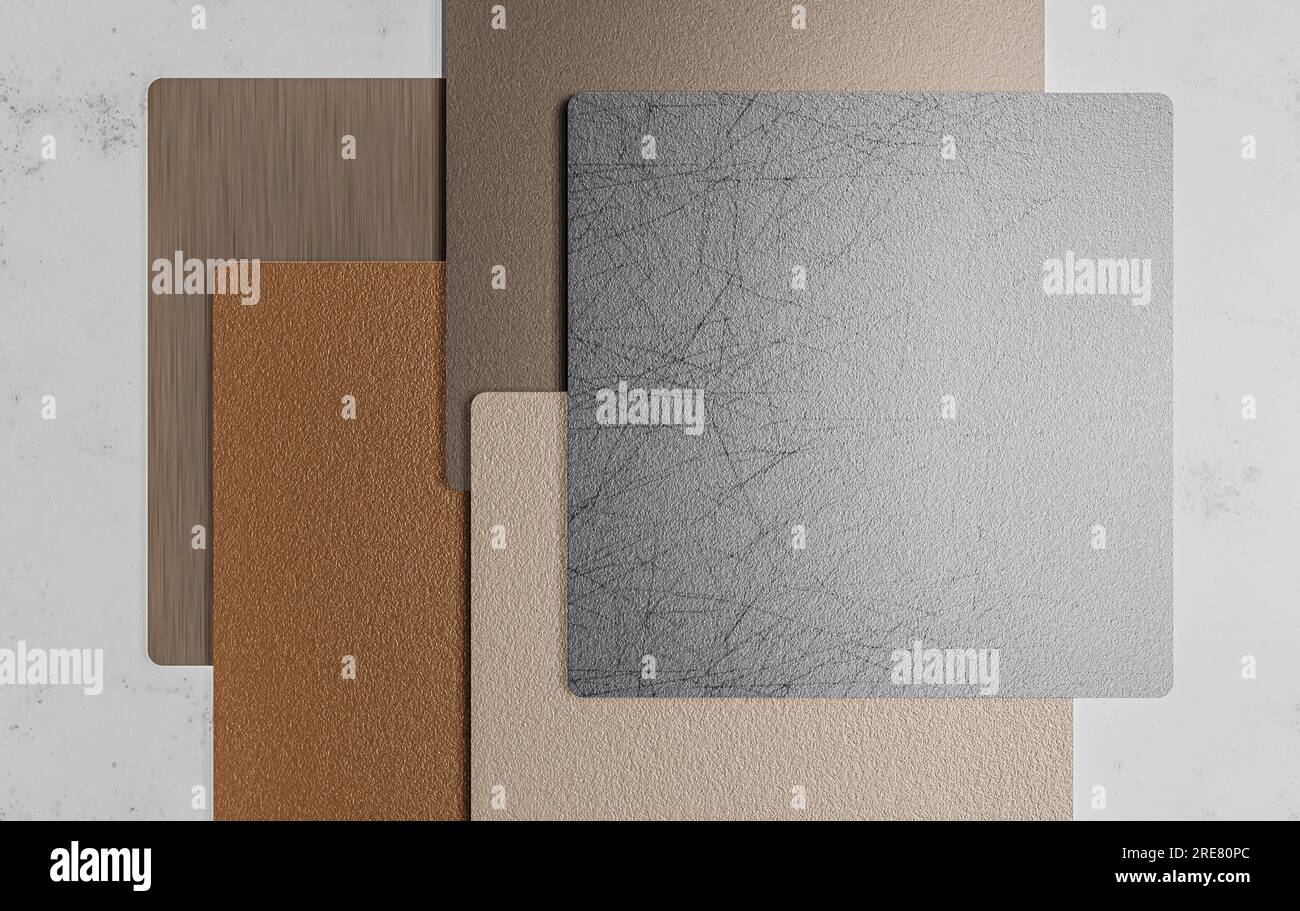 Metal samples on floor, metalic surfaces, top view Stock Photo - Alamy