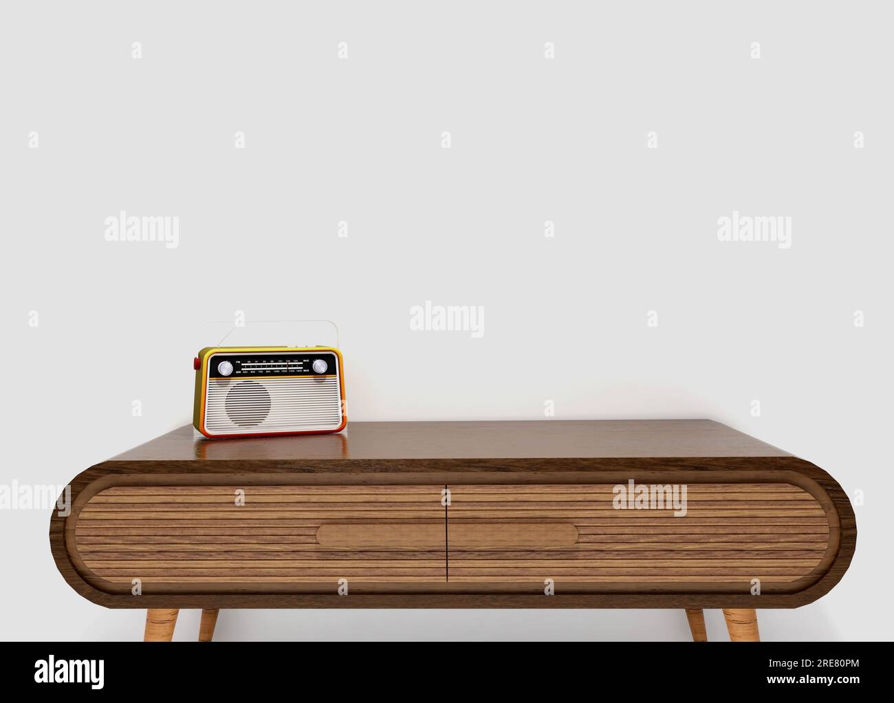Blank white wall and a vintage style console and radio. 3d render Stock ...