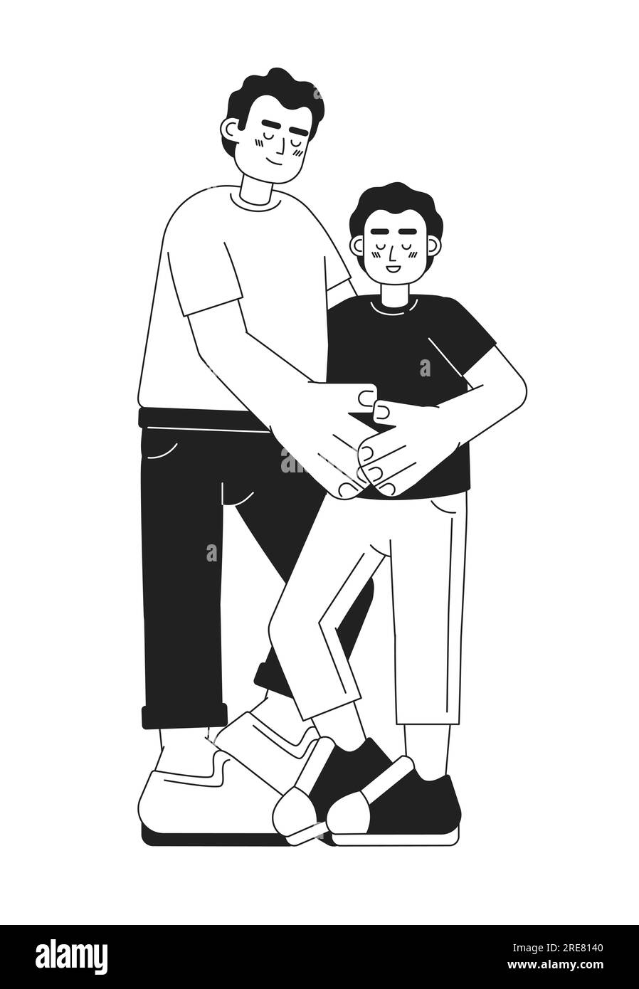 Latino Father Hugging Young Preteen Son Monochromatic Flat Vector Characters Stock Vector Image