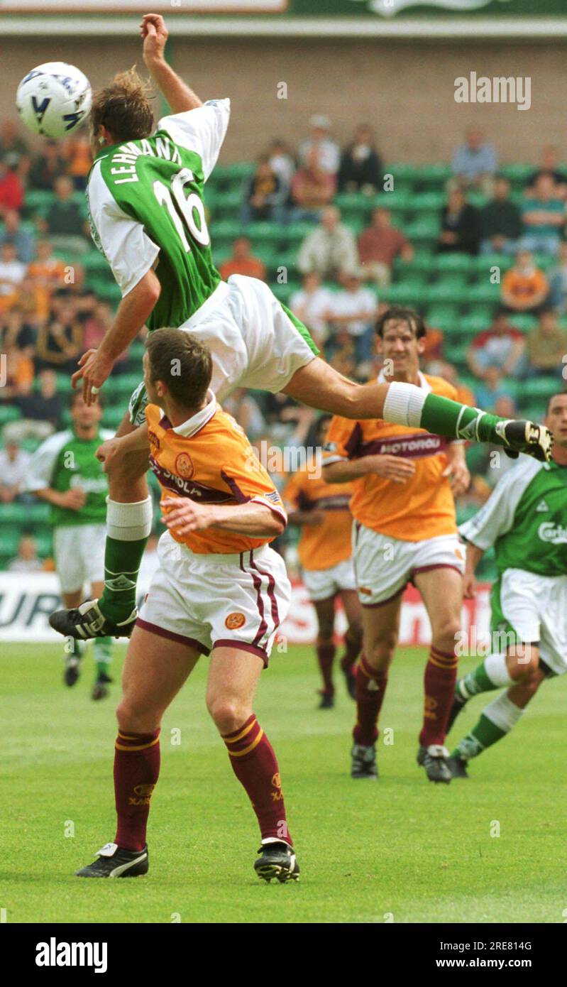 HIBS V MOTHERWELL. 31/7/99 Hibs Dirk Lehmann leaps high to win this ...