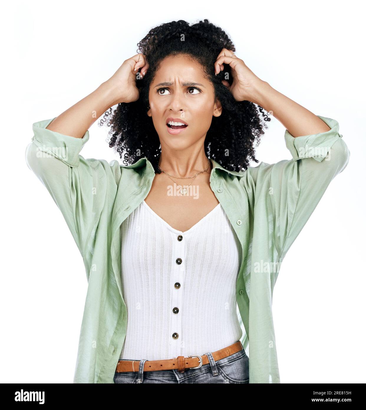 Puzzled, thinking and confused woman in studio with doubt and planning ...