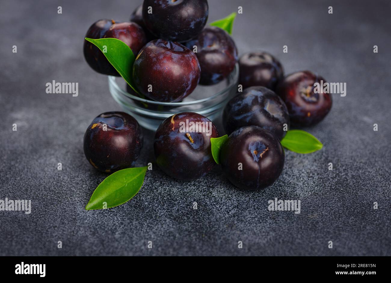 Sweet plums on dark background. Fresh blue plums with leaves. Food ...