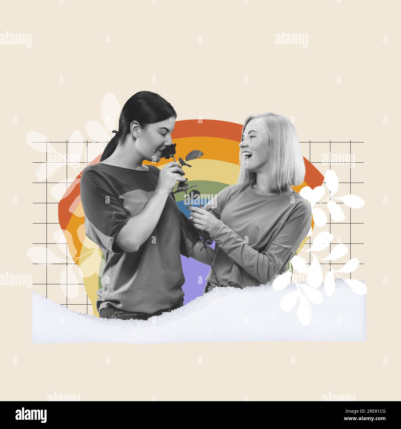 Two young women supporting lgbt community. Pastel background with ...