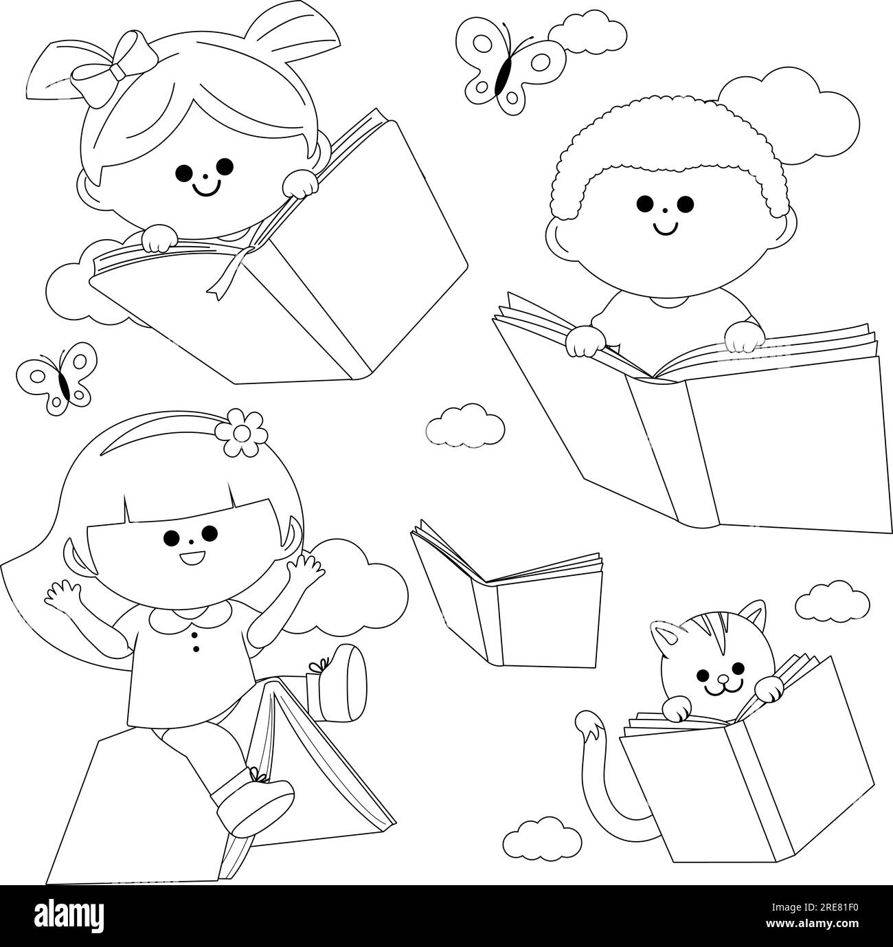 Happy children reading and flying in the sky with books. Vector black ...