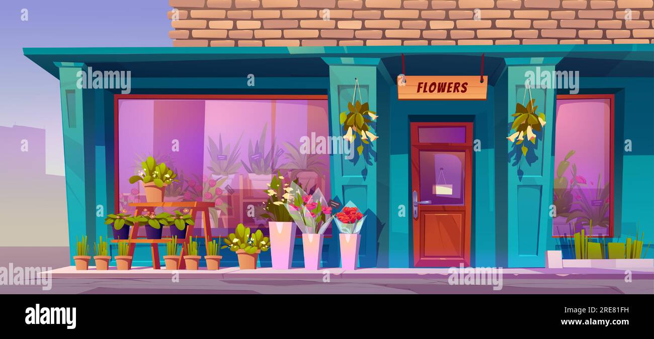 Corner street flower shop building on city street illustration ...