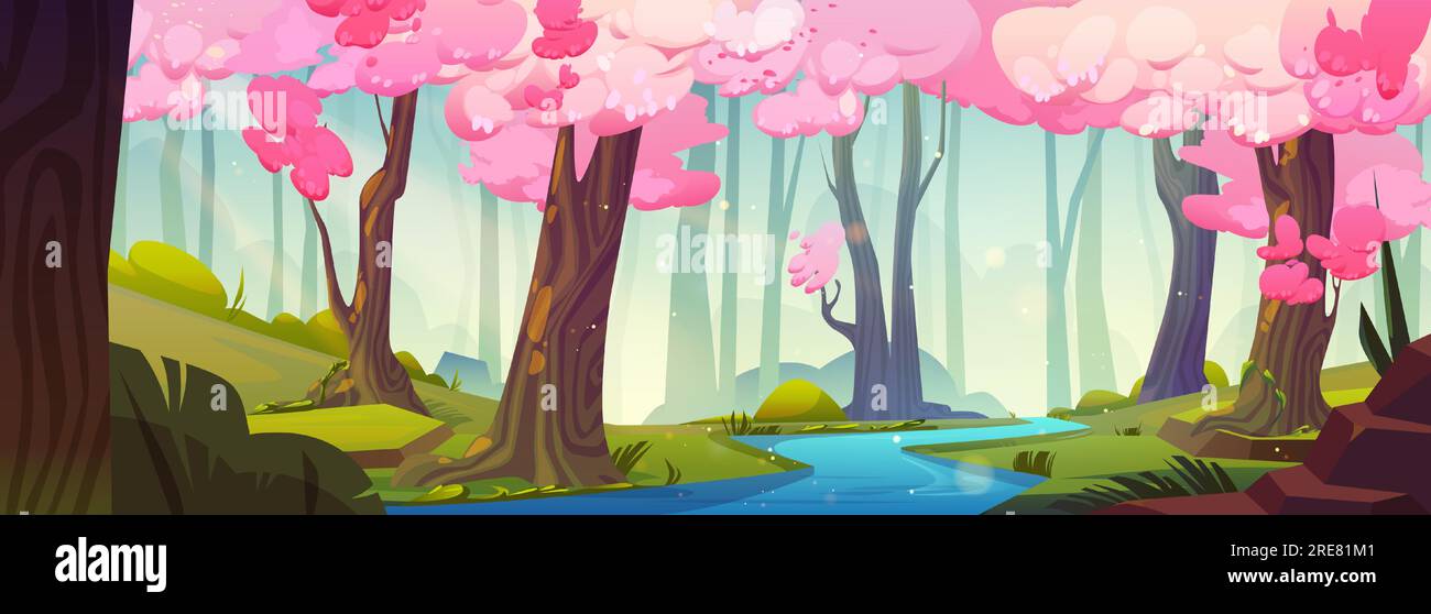 Japanese spring sakura forest park with river cartoon illustration ...
