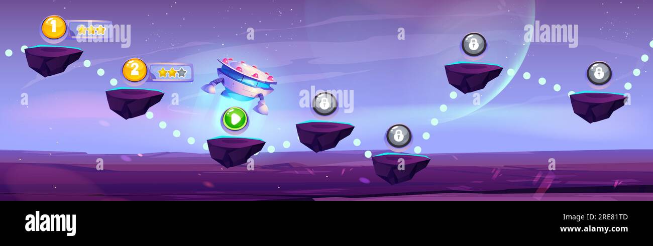 Arcade game progress map on space background. Vector cartoon ...