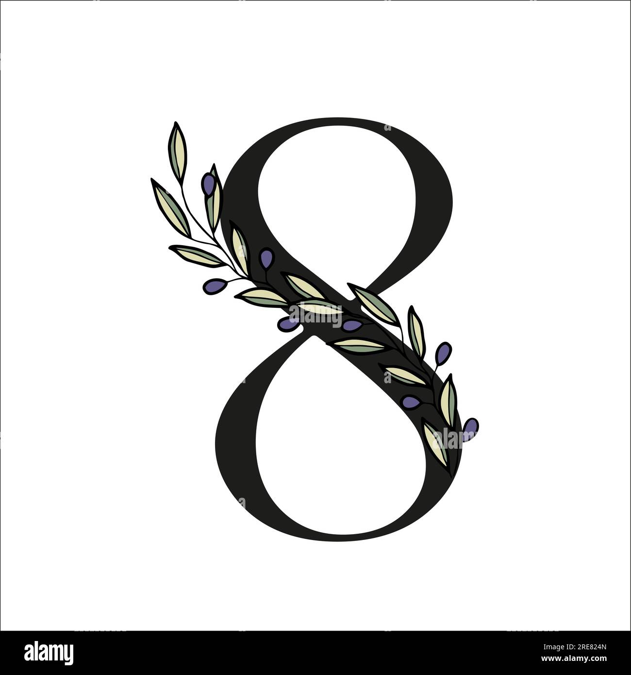 Olive branch alphabet number for decor of card or wedding invite ...