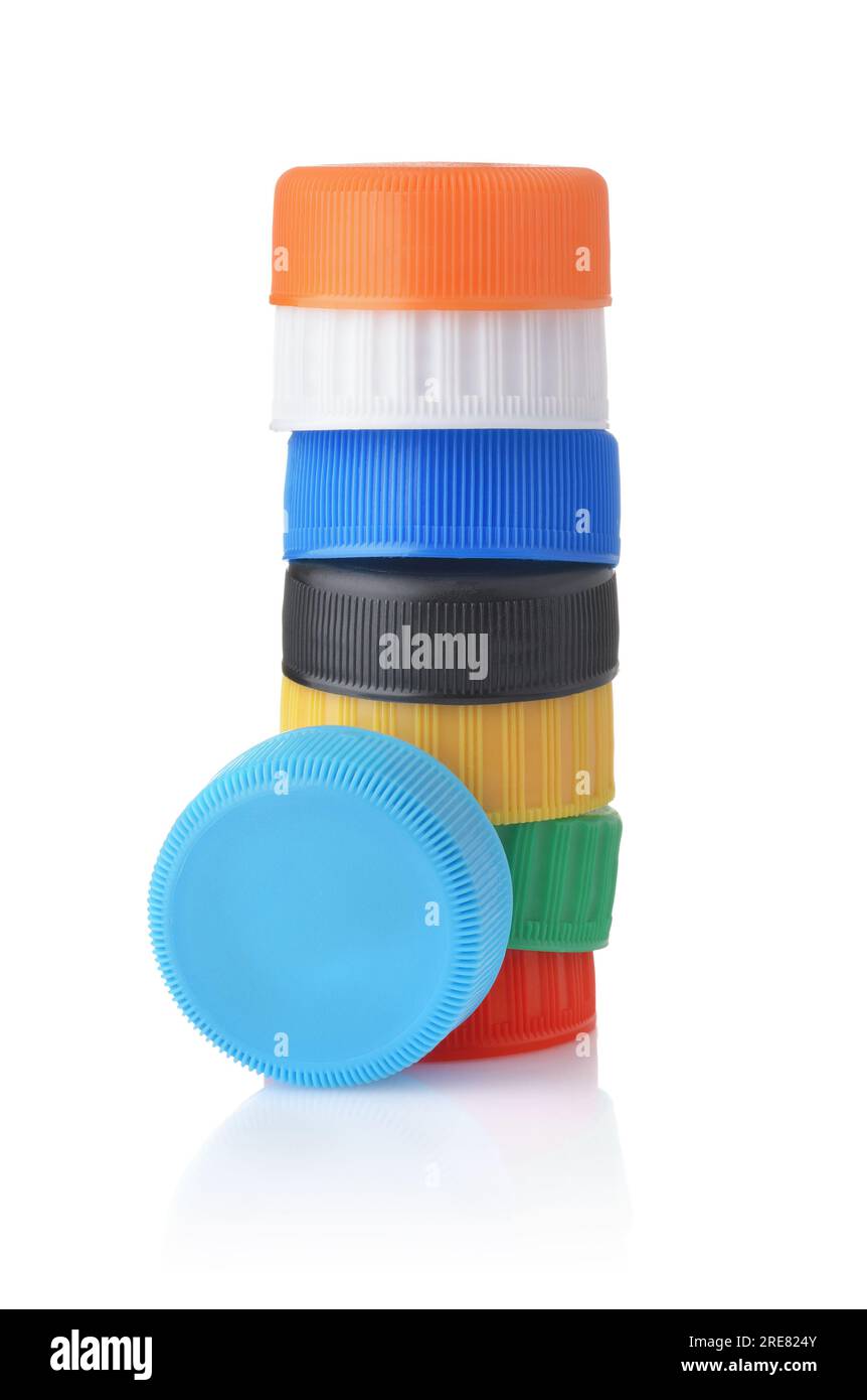 Stack of colorful plastic bottle cap isolated on white Stock Photo - Alamy