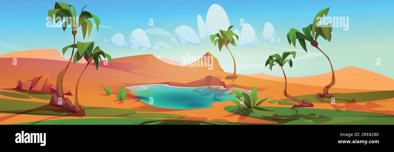 Oasis with palm trees and lake in desert. Summer landscape with sand ...