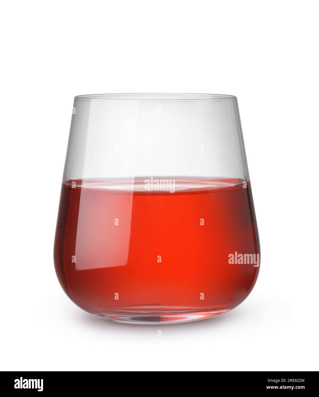 Front view of red fruit juice in stemless glass isolated on white Stock ...