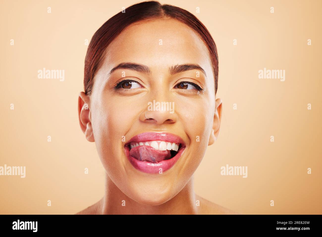 Lick, teeth or happy woman with tongue, smile or thinking of dental ...