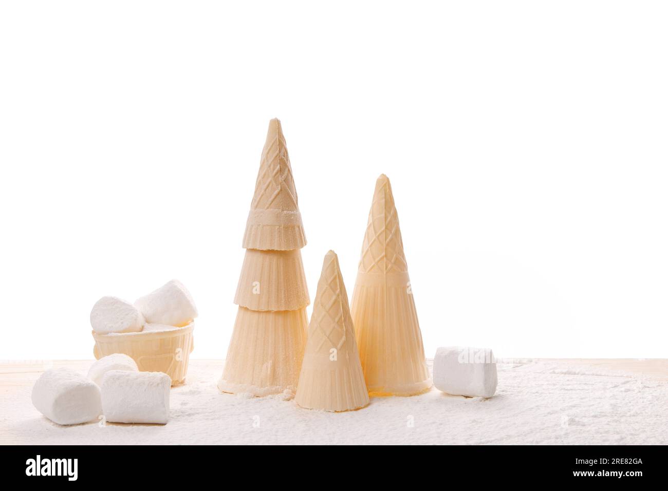 Decoration with Christmas tree of waffle cones and marsmallows Stock ...