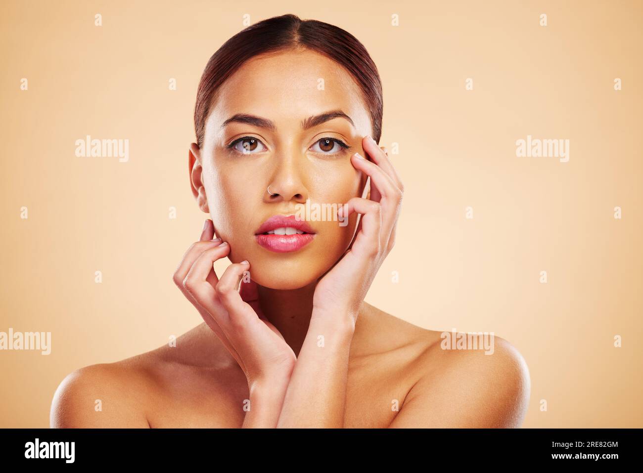 Portrait, mockup and woman with skincare, cosmetics and wellness on a ...