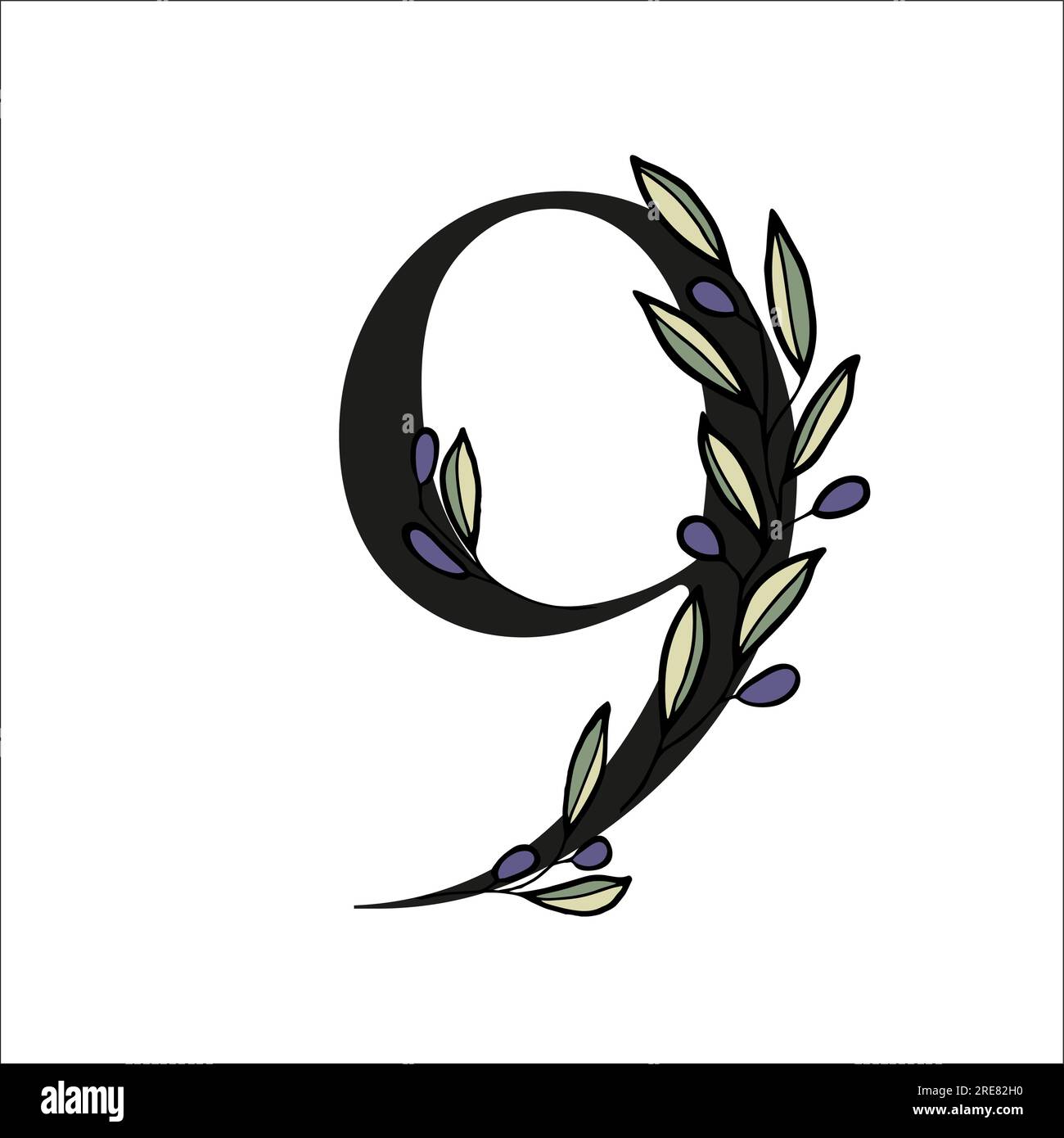 Olive branch alphabet number for decor of card or wedding invite ...