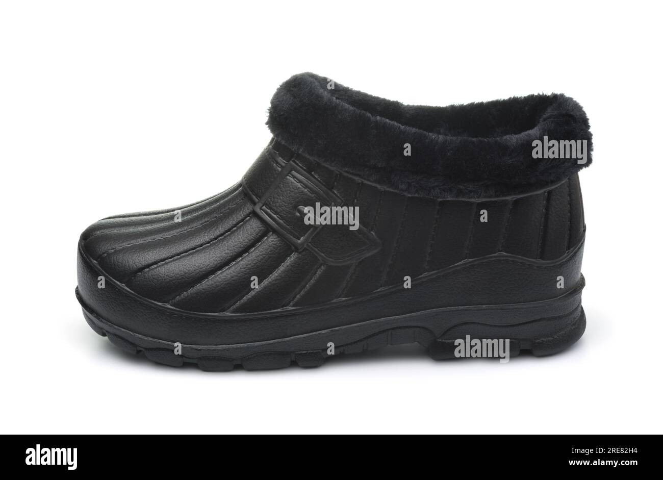 Side view of black low rubber boot with faux fur isolated on white ...
