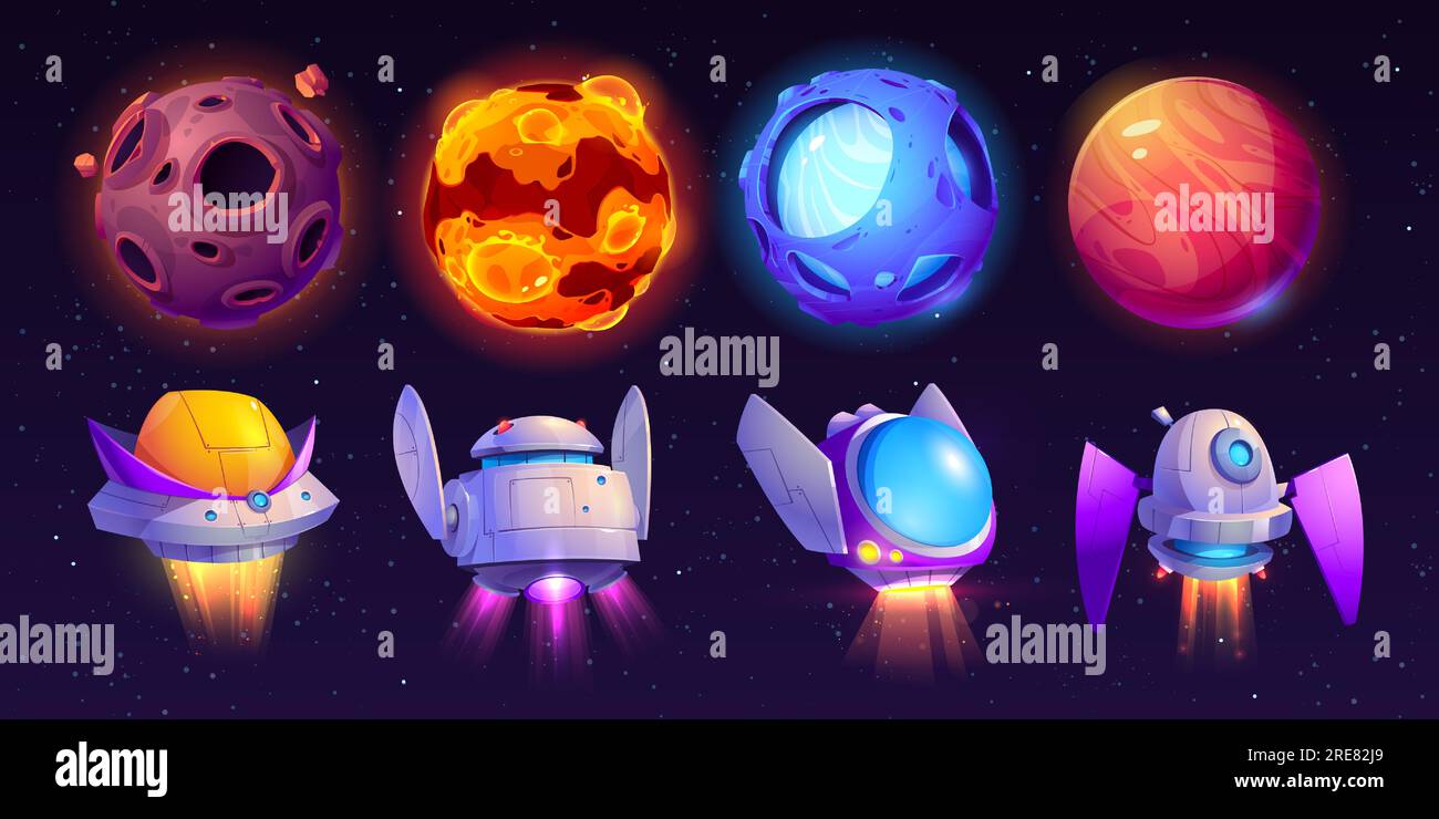 Cartoon set of alien planets and spacecraft isolated on night starry ...