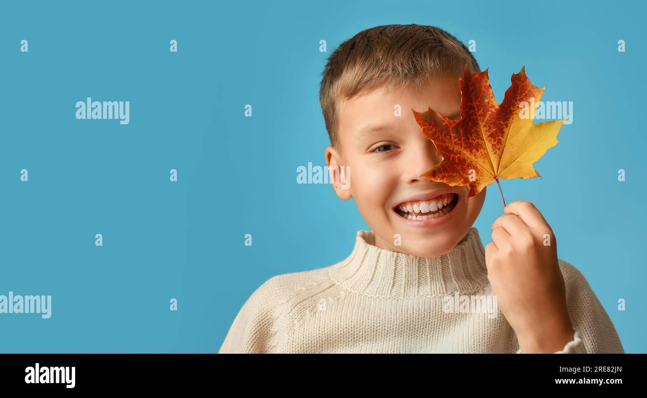 The boy looking through the maple leaf Stock Photo - Alamy