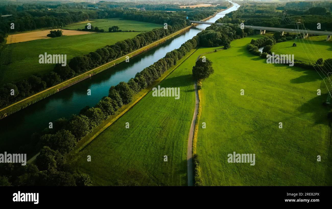 Summer aerial drone view landscape navigable river with bridges ...