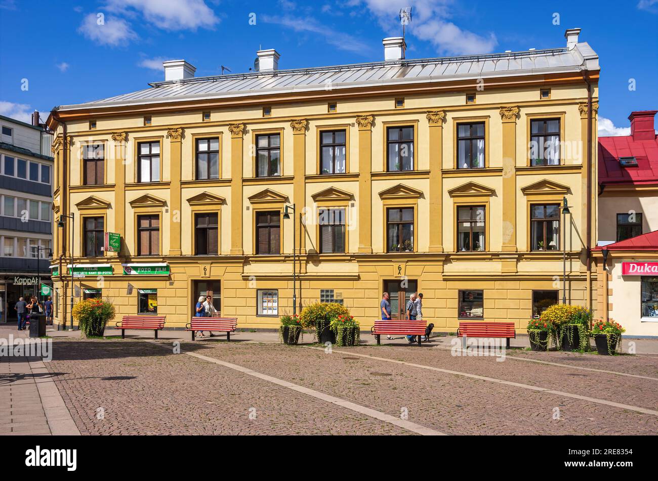 Street scene and historic building at Stora Torget in the inner city of ...