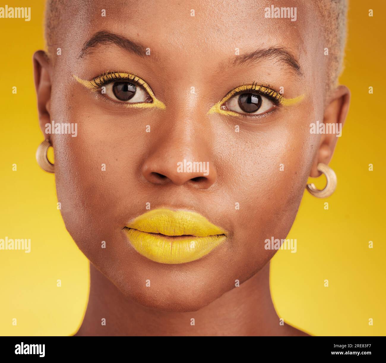 Creative, portrait and cosmetics with african girl with glow in closeup ...
