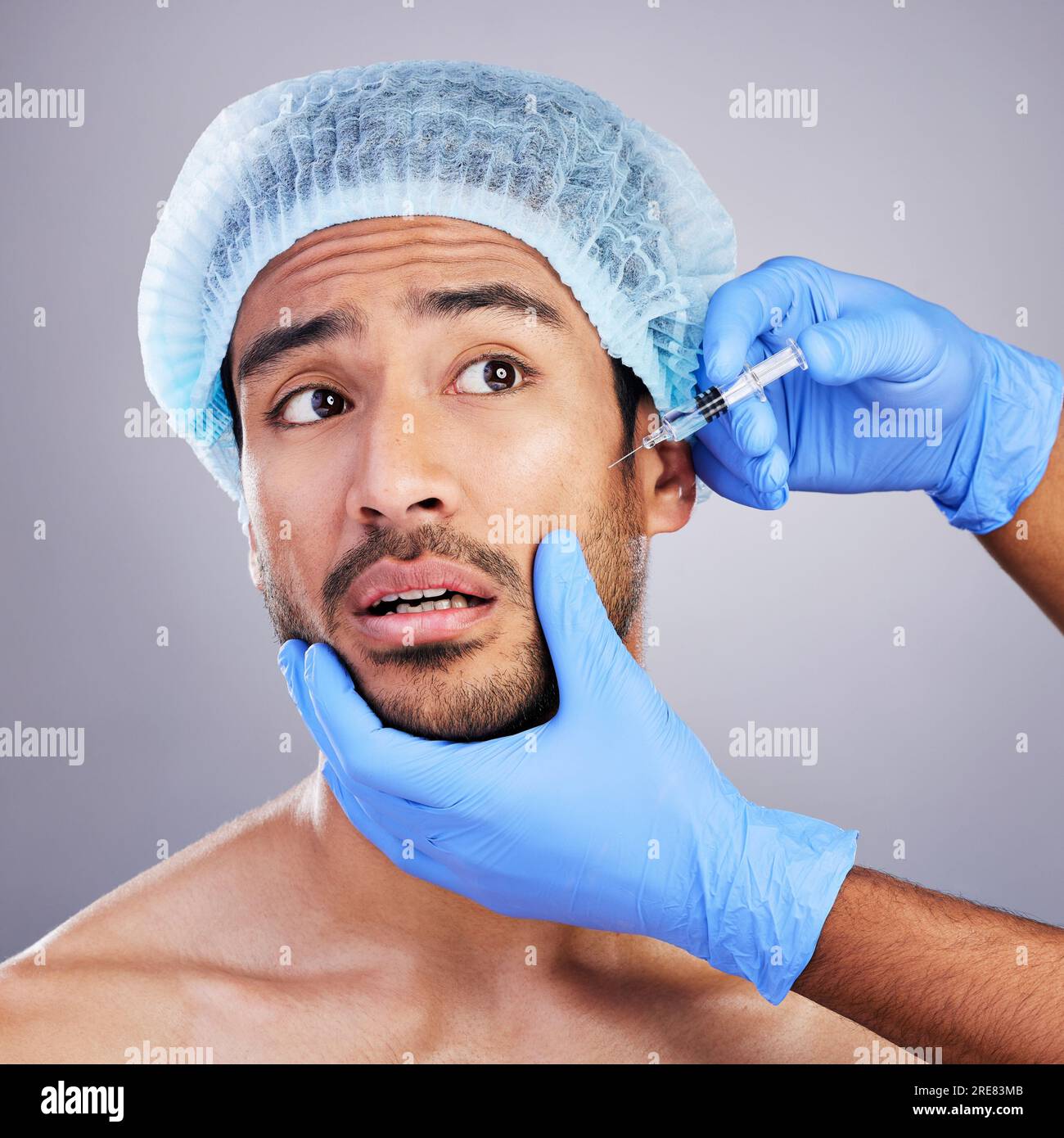 Scared, man or plastic surgery injection for facelift or cosmetics isolated in studio on white ...