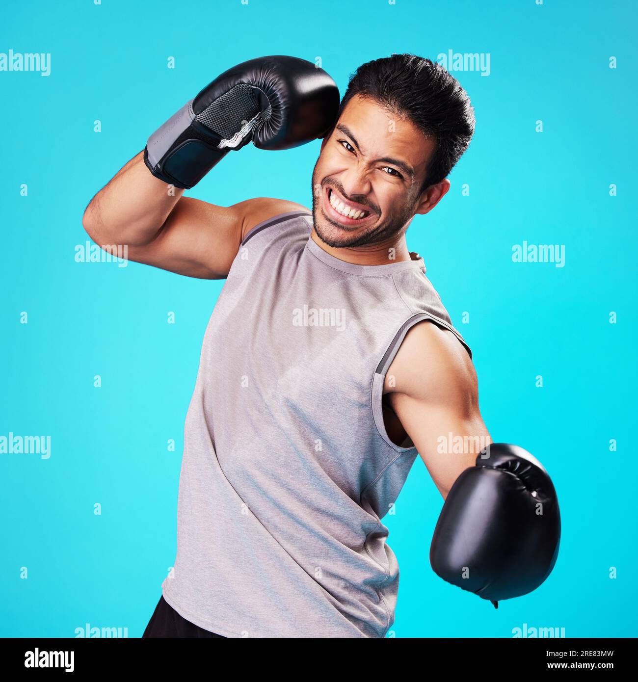 Boxer man, punch and studio portrait with sweat, workout and training ...