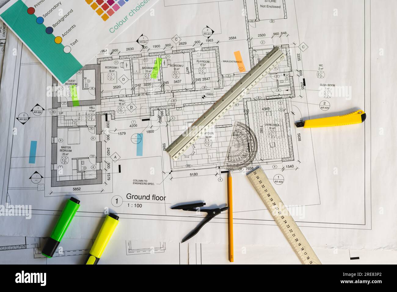 Close up of architecture project of building over design equipment ...