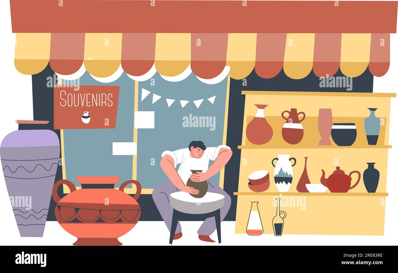 Shop with souvenirs and pots, isolated stall or kiosk with cultural ...