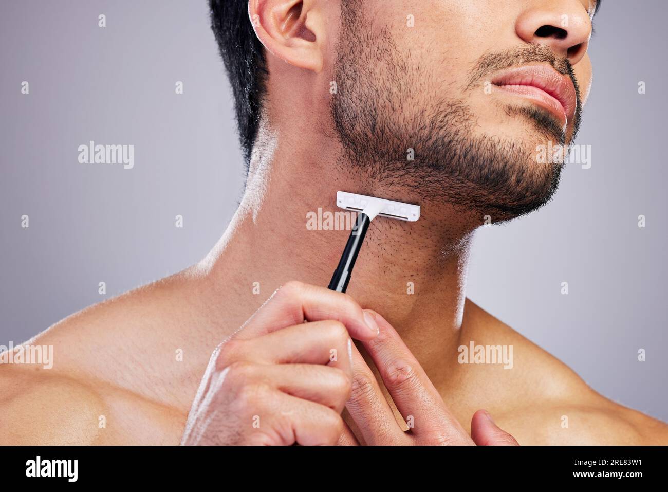 Beard hair, razor and closeup man with beauty routine, self care treatment, morning bathroom ...