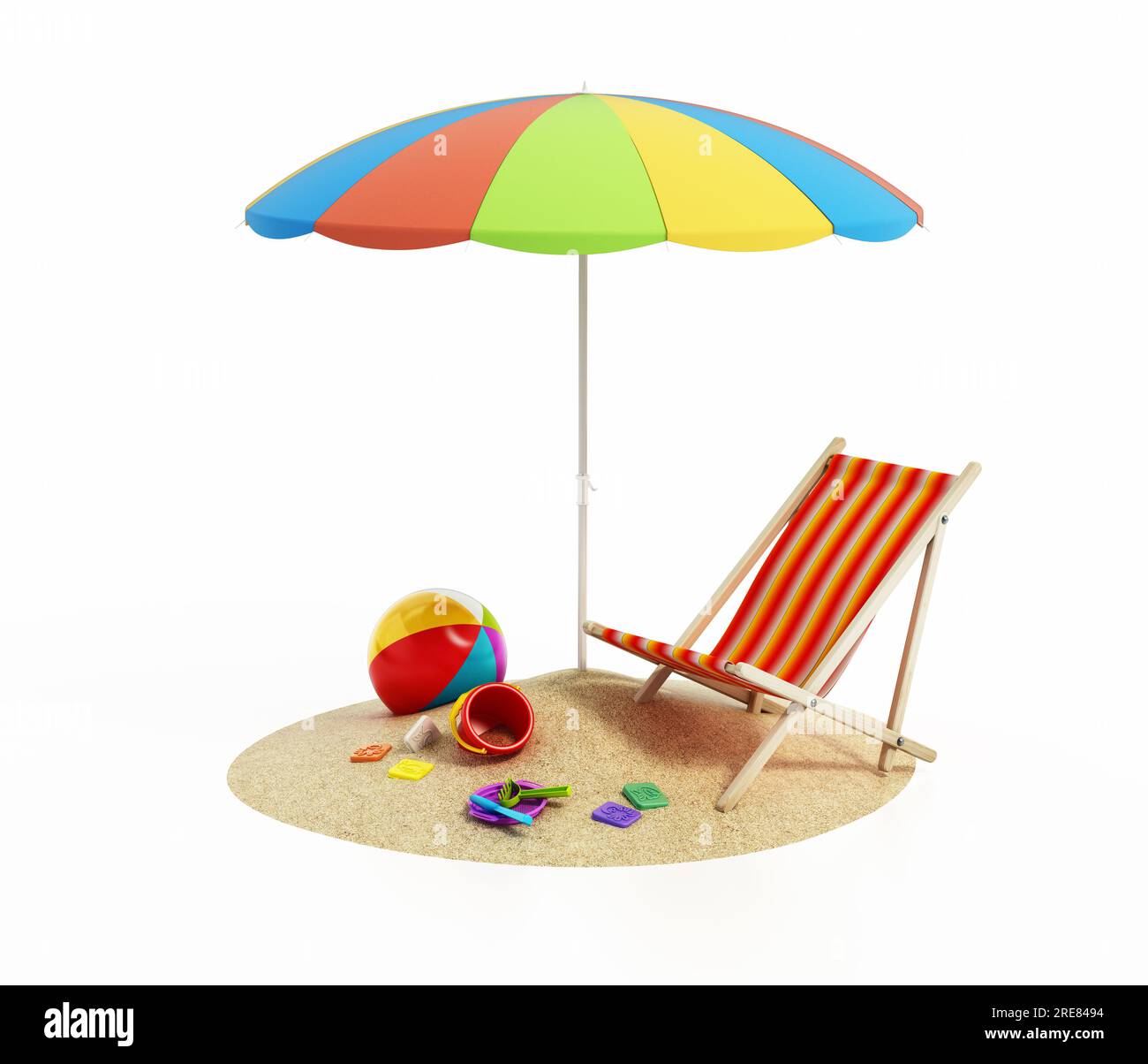 Beach parasol, sun chair and beach toys isolated on white background ...