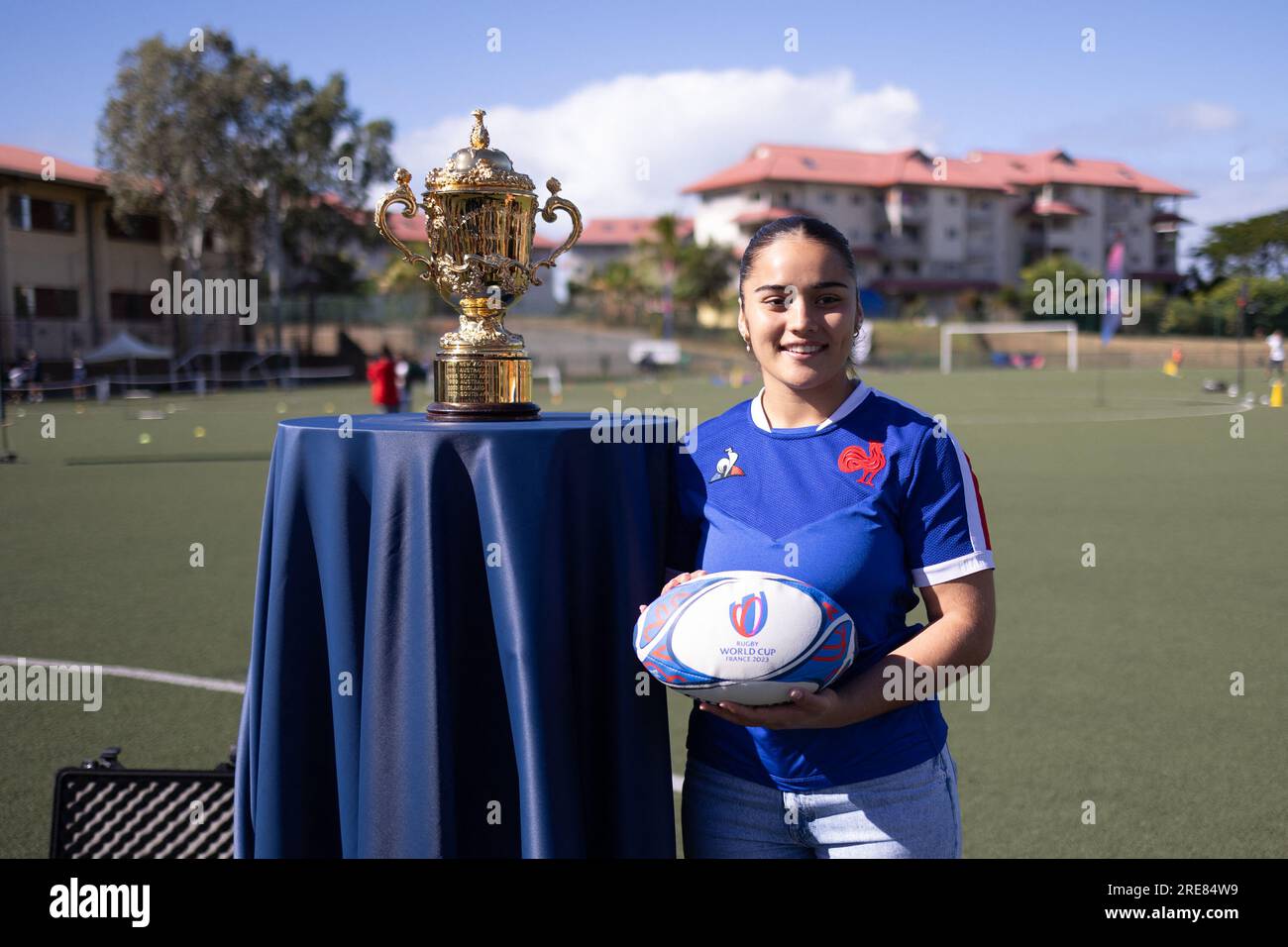 Noumea, New Caledonia. 26th July, 2023. A Feminine rugby player poses ...