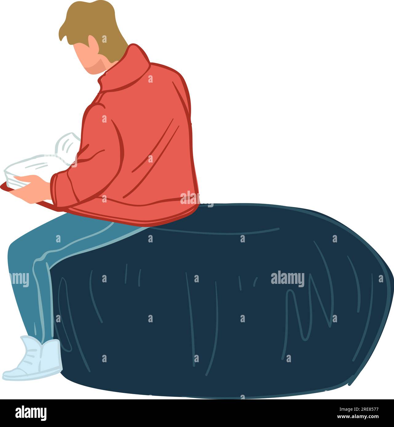 Man sitting on comfortable chair reading book, shop or store, public or ...