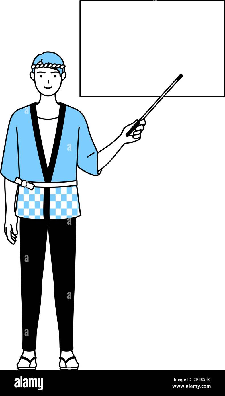 Man wearing Happi coat for summer festivals pointing at a whiteboard ...