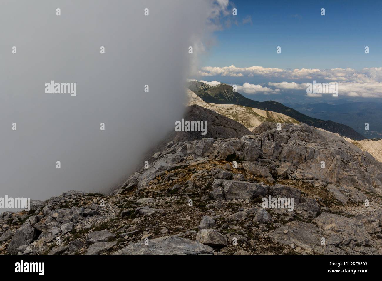 Koncheto ridge in Pirin mountains with fog at a side, Bulgaria Stock ...