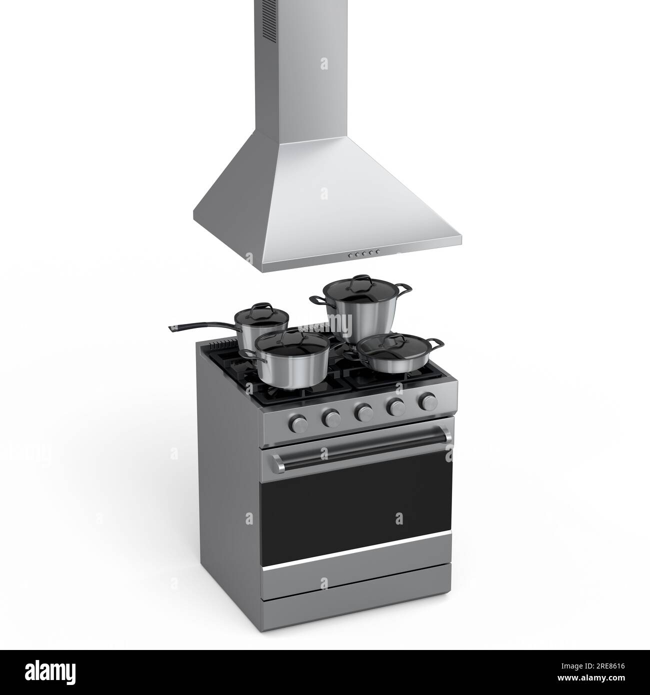 Set of kitchen utensil, stewpot, frying pan and chrome cookware hanging ...