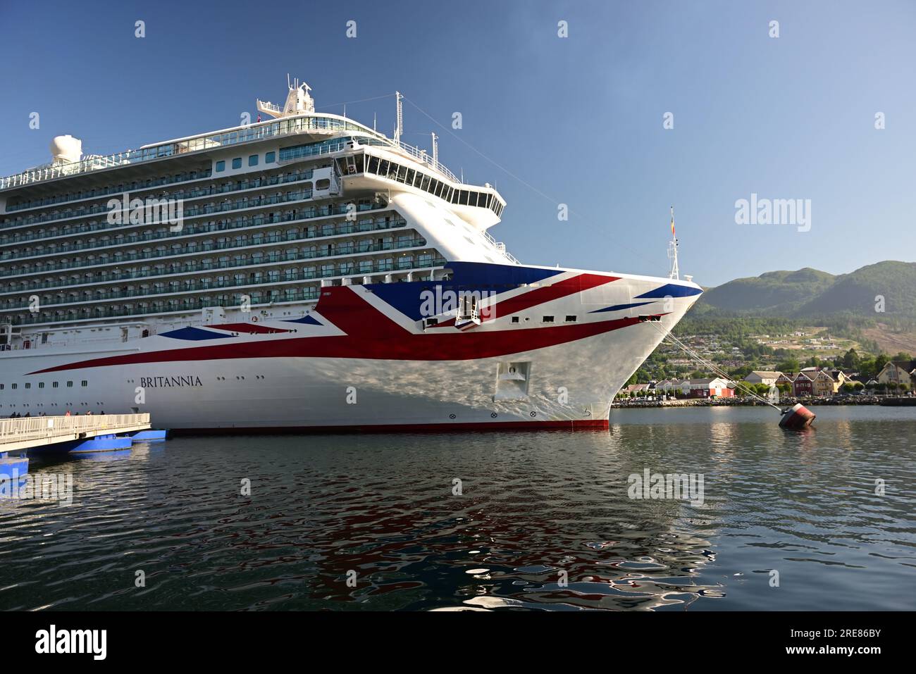 P&O cruise ship Britannia moored at Nordfjordeid in Norway, showing ...