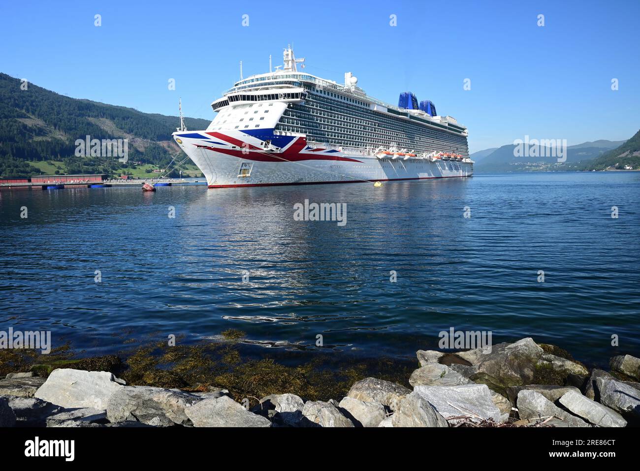 P&O cruise ship Britannia moored at Nordfjordeid in Norway, showing ...