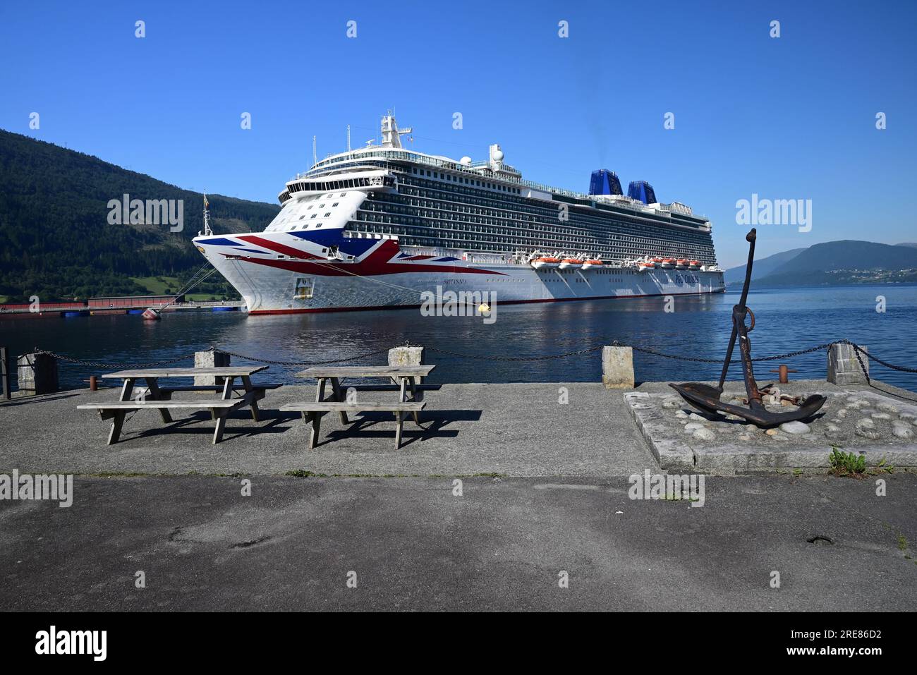 P&O cruise ship Britannia moored at Nordfjordeid in Norway, showing ...