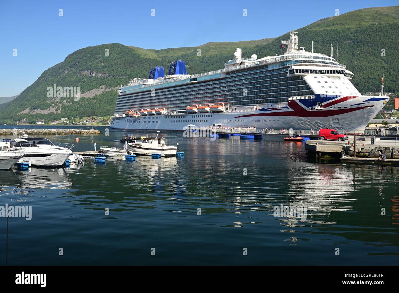 P&O cruise ship Britannia moored at Nordfjordeid in Norway, showing ...