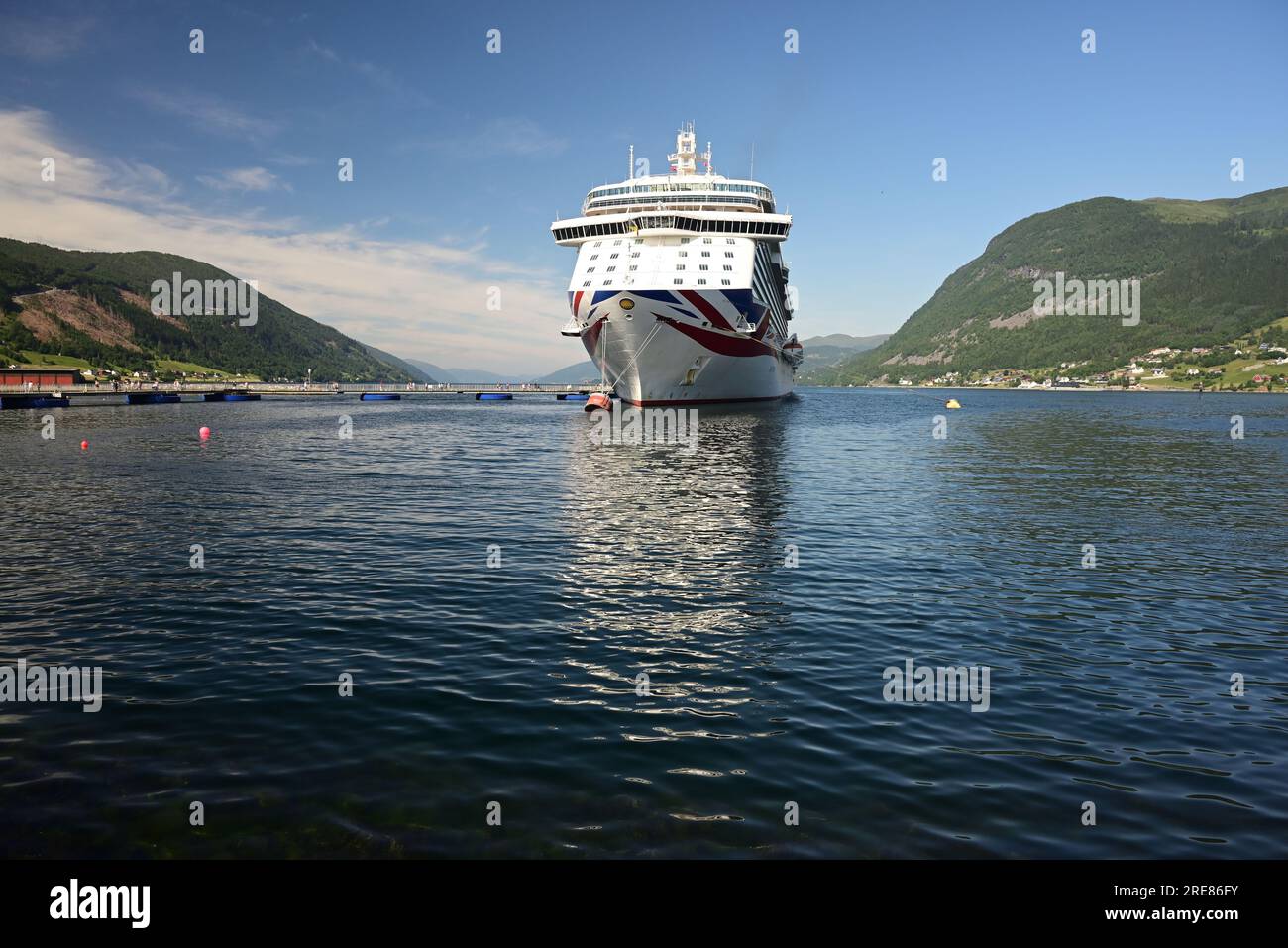 P&O cruise ship Britannia moored at Nordfjordeid in Norway, showing ...